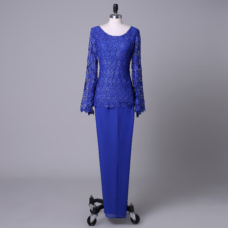 Royal Blue Round Neck Mother Of The Bride Dresses Long Sleeves Lace Top ...